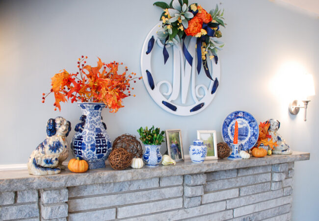 My Blue & White Fall Mantel + DIY Monogram Sign - Pender & Peony - A ...